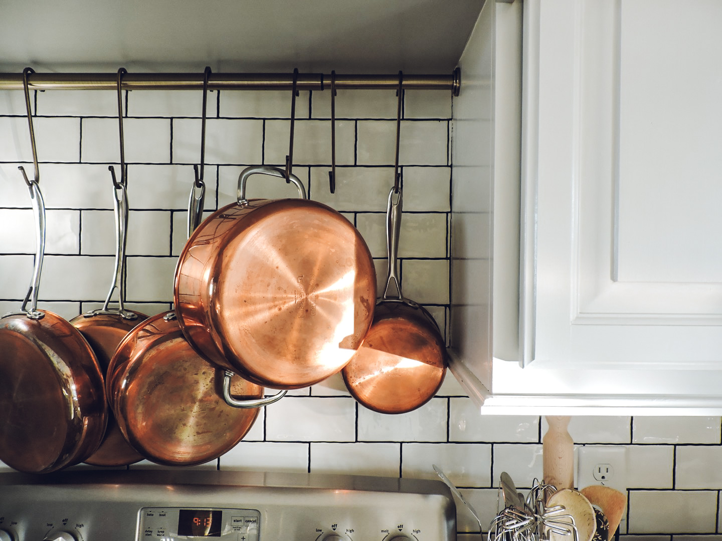 Tension Rod Pot Rack & Affordable Copper Pans - Berry Berry Quite Contrary