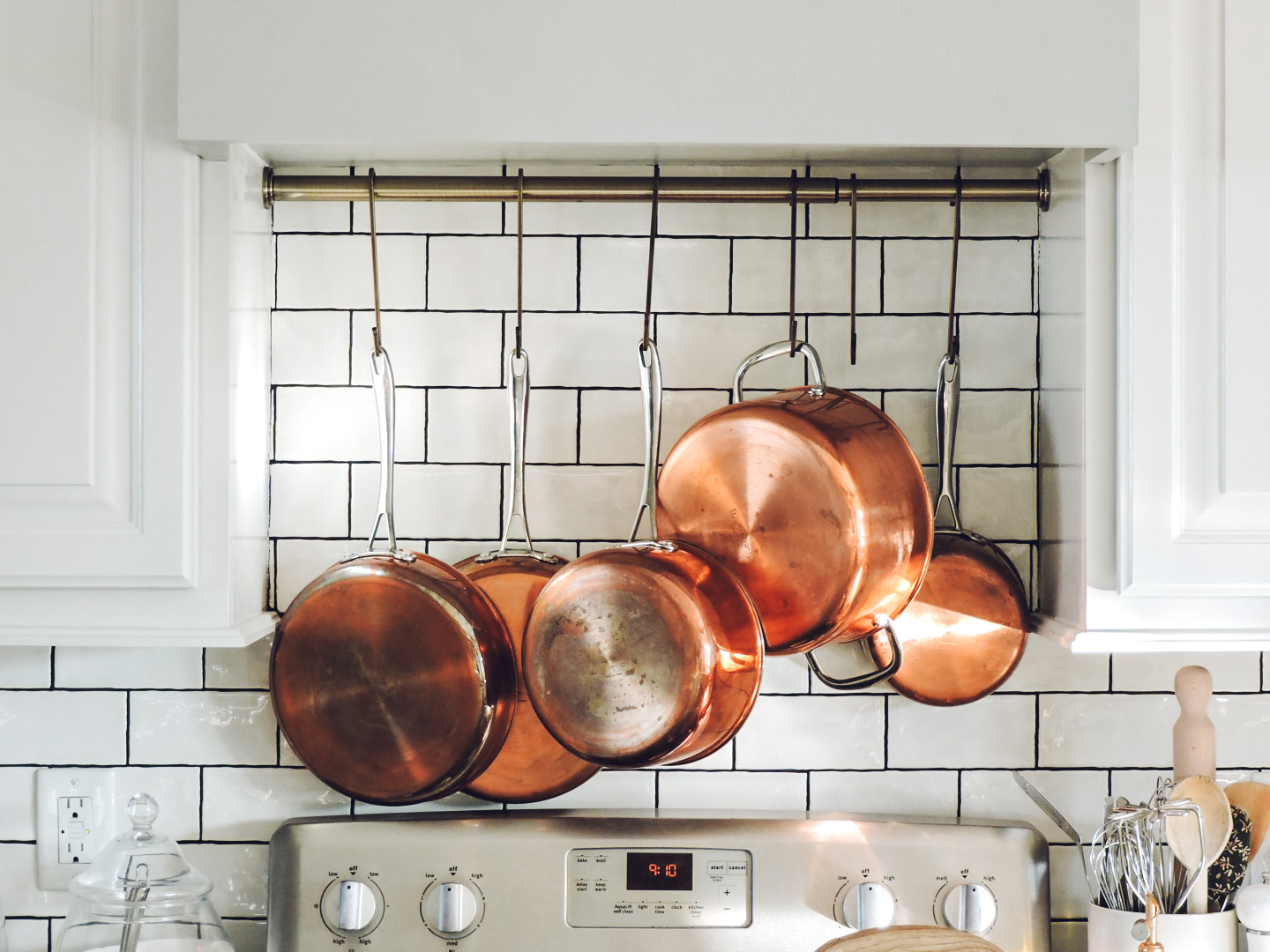 Tension Rod Pot Rack & Affordable Copper Pans - Berry Berry Quite Contrary
