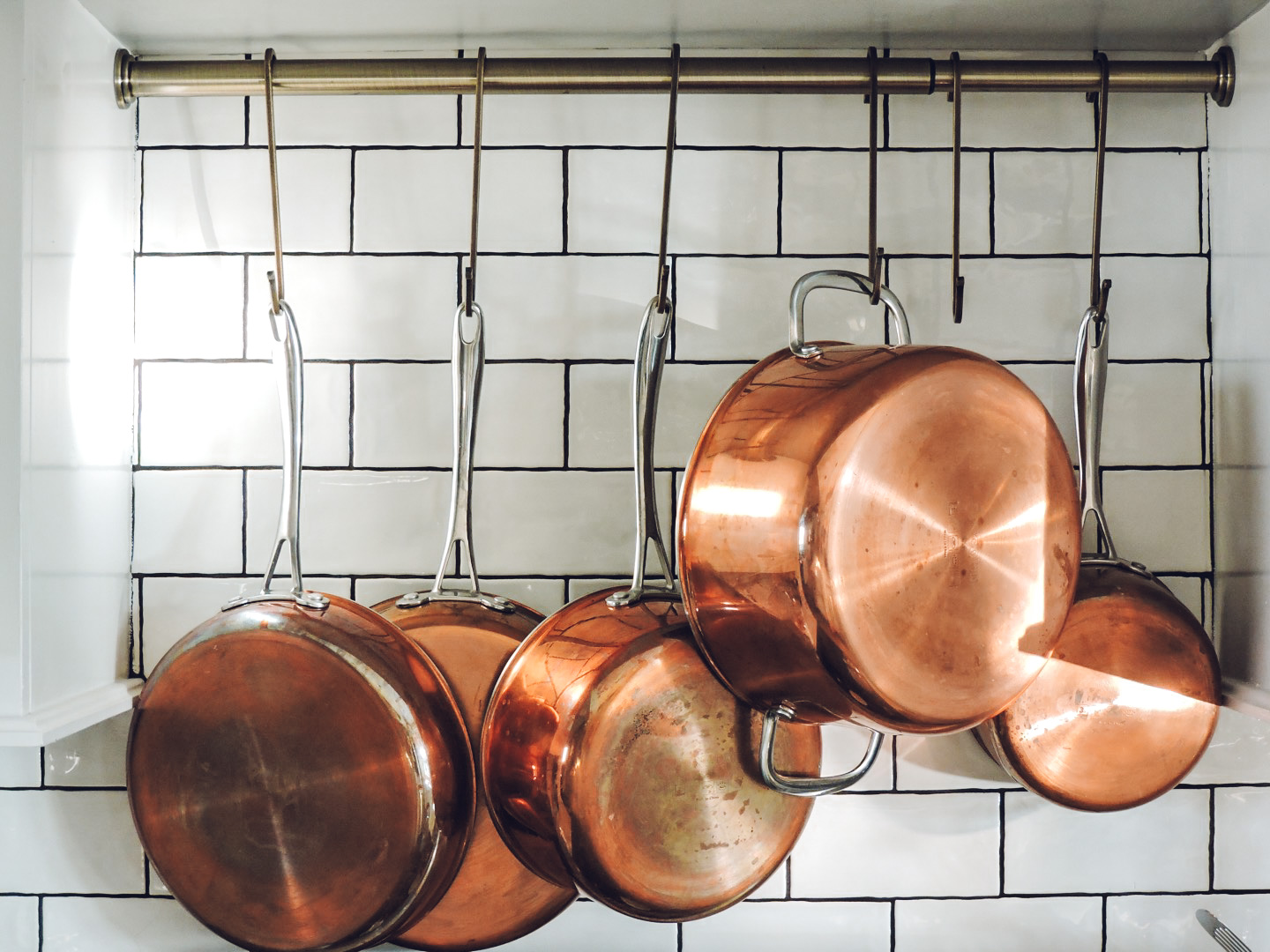 Tension Rod Pot Rack & Affordable Copper Pans - Berry Berry Quite Contrary